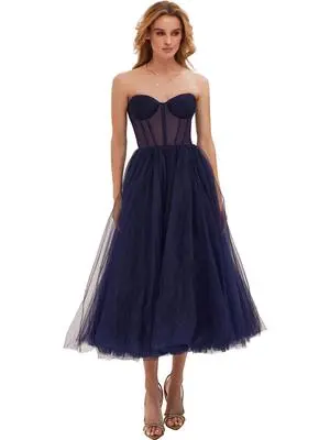 MILLA Strapless Tulle Midi Dress - Navy