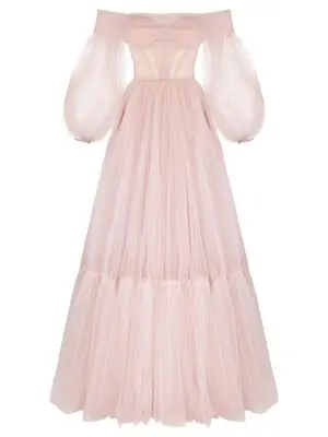MILLA Sheer Sleeves Maxi Tulle Gown - Misty Rose