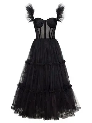 MILLA Ruffled Tulle Midi Dress - Black
