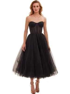 MILLA Strapless Tulle Midi Dress - Black