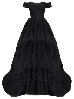 MILLA Off-the-shoulder Frill-layered Gown - Black
