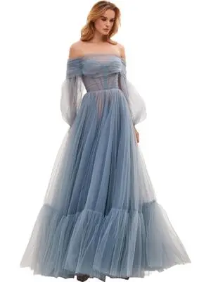 MILLA Sheer Sleeves Tulle Maxi Gown - Ocean Wave