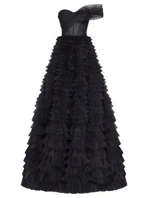 MILLA Timeless One-shoulder Frill-layered Ball Gown - Black
