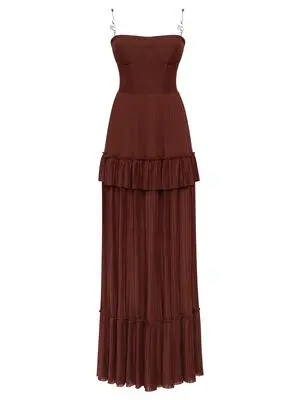 MILLA Spaghetti Strap Pleated Maxi Gown - Brown
