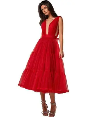 MILLA Tulle Midi Dress With Plunging Neckline And Cut Outs - Red