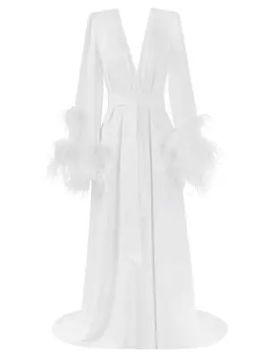 MILLA Feather-Trimmed Satin Robe
