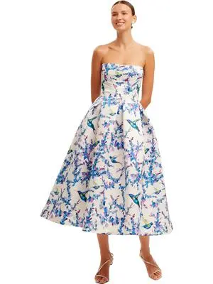 MILLA Strapless Floral Print Midi Dress - Lavender Birds