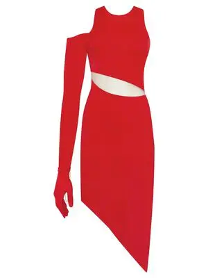 MILLA Asymmetric Lycra Midi Dress With Detachable Glove - Red