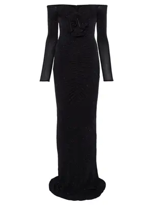NISSA Floral-appliqué Glittered Gown - Black