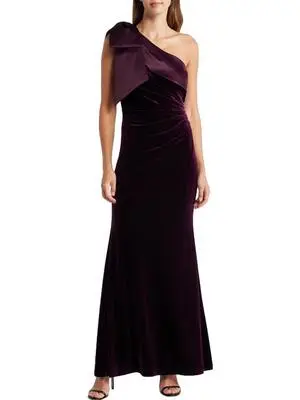 Eliza J One-shoulder Bow Gown - Aubergine