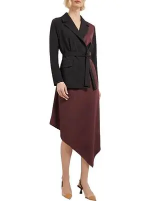 Misook Colorblock Tie Waist Long Sleeve Dress - Mahogany/black