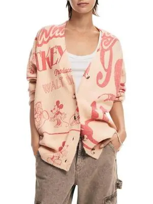 Desigual Mickey Mouse V-neck Cardigan - Beige/red
