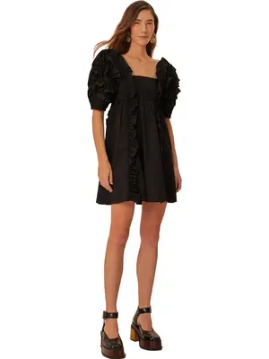 Farm Rio Ruffle Short Sleeve Mini Dress - Black