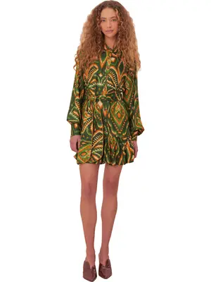 Farm Rio Ikat Viscose Mini Dress - Pineapple Ikat Green