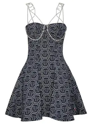 Philipp Plein Monogram-jacquard Denim Mini Dress - Blue
