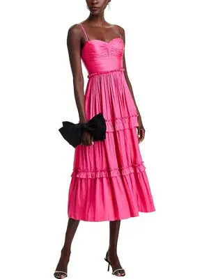 Aqua Ruched Ruffled Midi Dress - Hot Pink