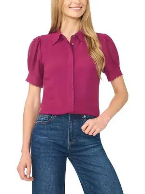 CECE DUPRAZ Cece Scalloped Short Sleeve Shirt Deep Mulberry
