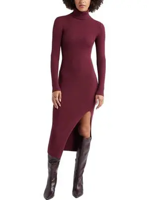OPEN EDIT Ribbed Turtleneck Sweater Dress - Burgundy Tannin