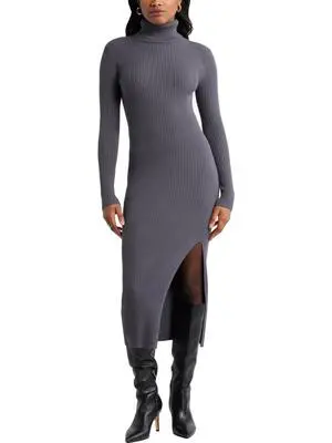 OPEN EDIT Ribbed Turtleneck Sweater Dress - Grey Magnet