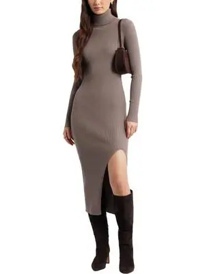 OPEN EDIT Ribbed Turtleneck Sweater Dress - Tan Dusk