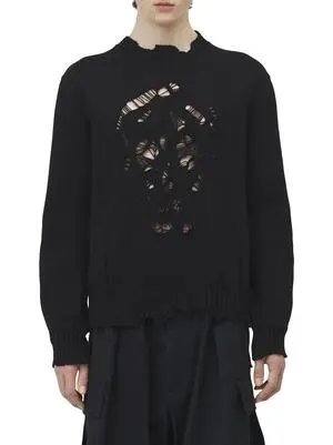 Alexander McQueen Distressed Skull Crewneck Cotton Sweater - Black