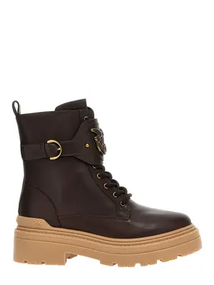 Pinko Pinko Black Leather Combat Boots With Buckle Detail Brown