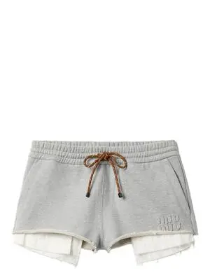 Miu Miu Cotton Fleece Shorts With Embroidered Logo And Raw-cut Hem - Grey
