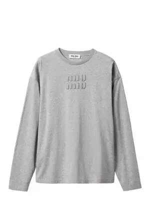 Miu Miu Cotton T-shirt With Embroidered Logo - Grey