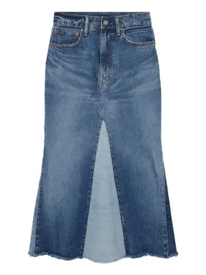 Polo Ralph Lauren Frayed Paneled Denim Midi Skirt - Blue
