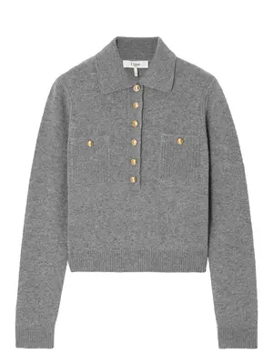 Chloé Embellished Wool And Cashmere-blend Polo Sweater - Gray