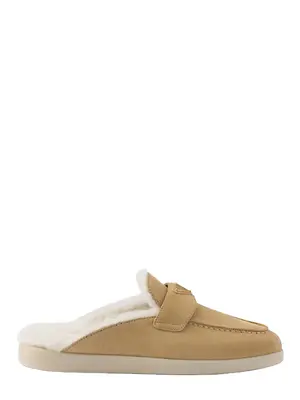 Prada Brand-plaque Suede And Shearling Mules - Neutral
