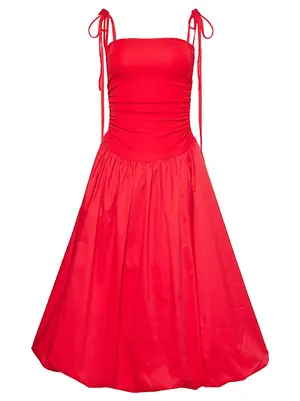 AMY LYNN Ruched-side Strapless Puffball Cotton Midi Dress - Red