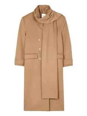 Sandro Relaxed-fit Wool Coat With Integrated Scarf - Camel