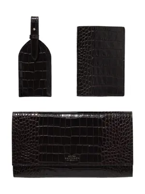 Smythson Mara Croc-effect Leather Clutch, Passport Holder And Luggage Tag Set - Brown
