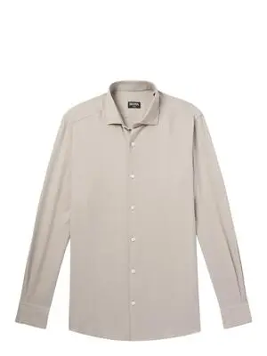 Zegna Cutaway-collar Cotton And Cashmere-blend Twill Shirt - Neutrals
