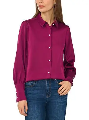 CECE DUPRAZ Satin Faux Pearl Button Blouse - Deep Mulberry