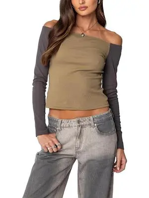 EDIKTED Contrast Off Shoulder Top Olive