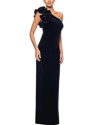 Aqua Velvet Ruffle One Shoulder Gown - Black