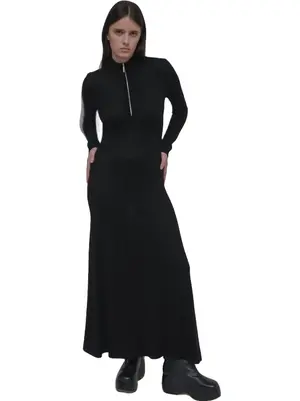 Rosetta Getty Ribbed Merino Wool Zip-up Turtleneck Dress - Black