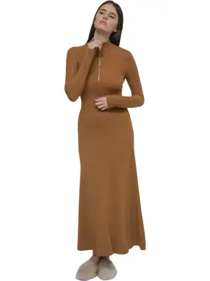 Rosetta Getty Ribbed Merino Wool Zip-up Turtleneck Dress - Brown