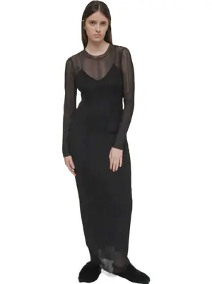Rosetta Getty Sheer Plisse Long Sleeve Maxi Dress - Black