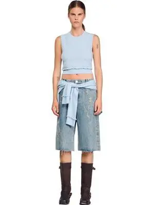 Sandro Ruffled Cropped Sweater - Sky Blue