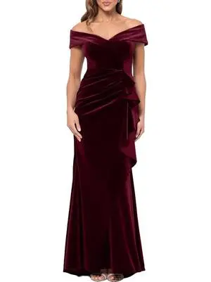 XSCAPE EVENINGS Ruffle Off-the-shoulder Velvet Gown - Burgundy