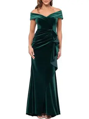XSCAPE EVENINGS Ruffle Off-the-shoulder Velvet Gown - Hunter