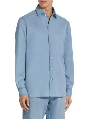 Zegna Cashco Cotton & Cashmere Denim Button-up Shirt - Ghiaccio
