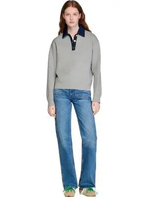 Sandro Knit Sweater With Denim Collar - Grey