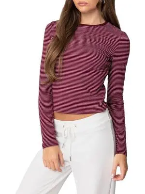 EDIKTED Brianna Stripe Stretch Cotton T-shirt - Burgundy