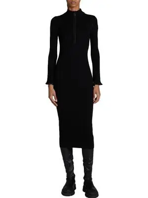 Moncler Ribbed Long Sleeve Quarter Zip Sweater Dress - Black