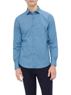 Bugatchi Axel Shaped Fit Geo Print Stretch Cotton Button-up Shirt Dusty Blue
