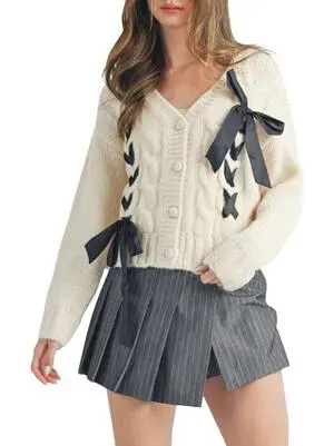 ALL IN FAVOR Bow Cable Stitch Cardigan - Beige Blac